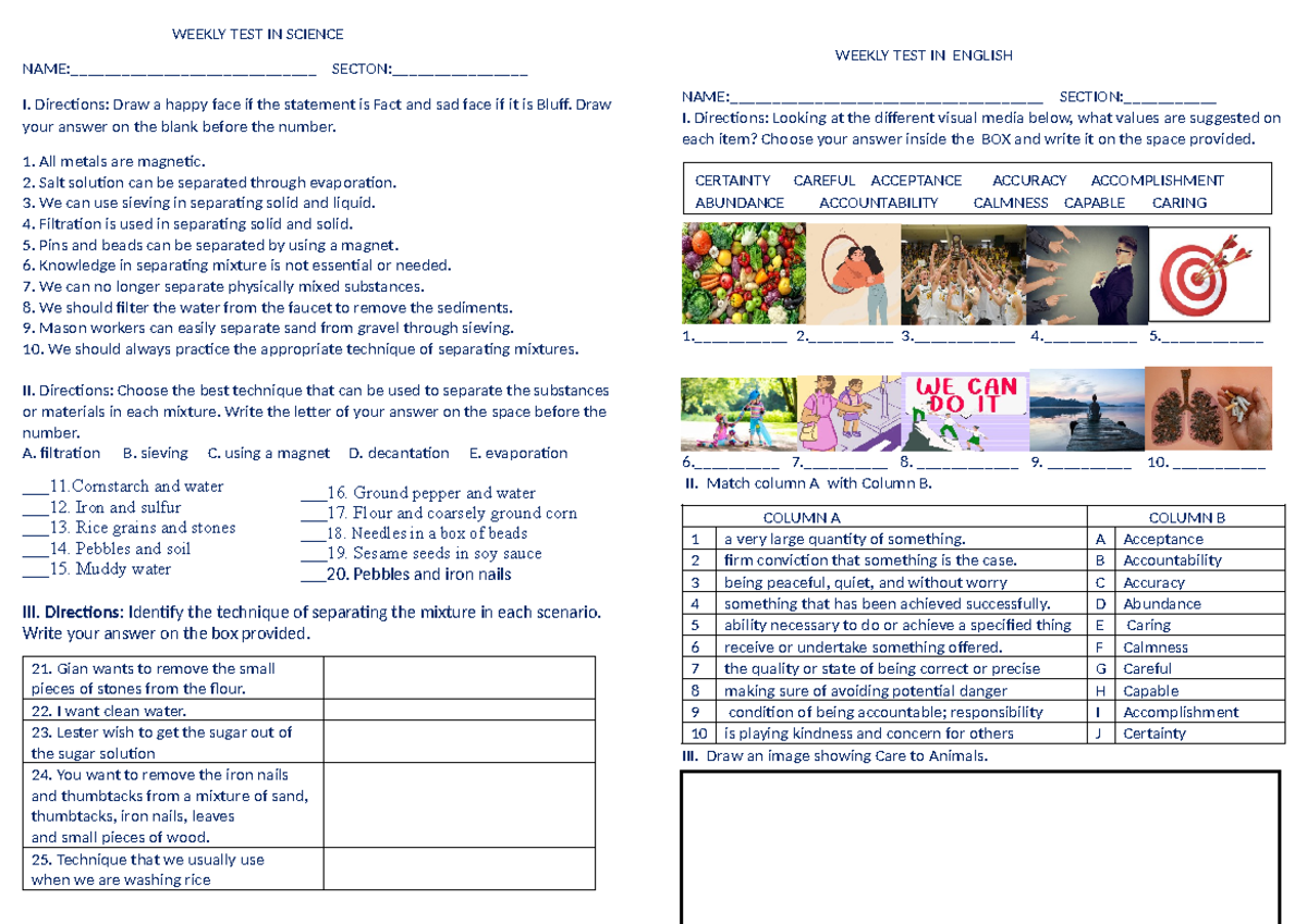 WEEKLY TEST IN SCIENCE, ENGLISH, and ARALING PANLIPUNAN - Studocu