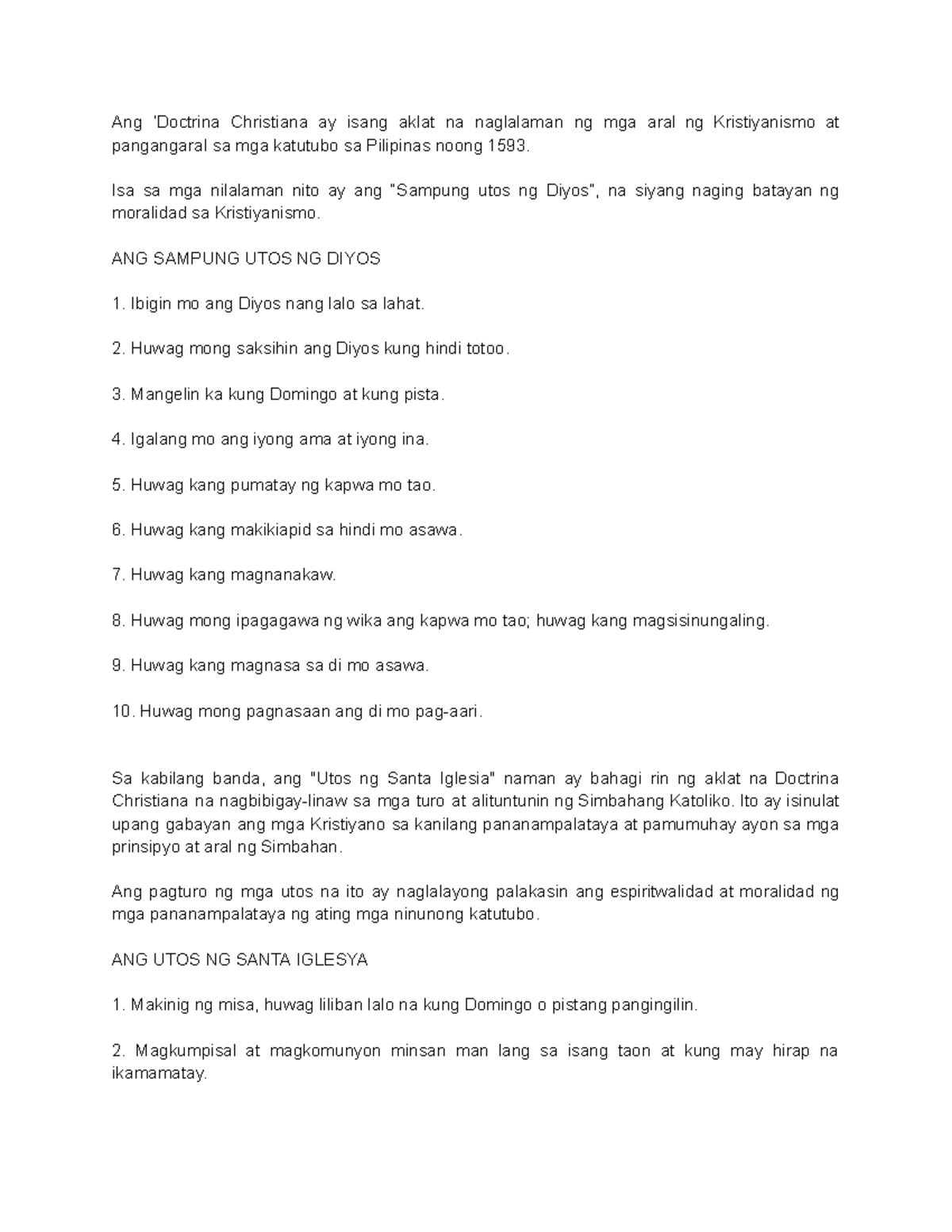 Doctrina Christiana: Aral at Utos sa Kristiyanismo - Studocu