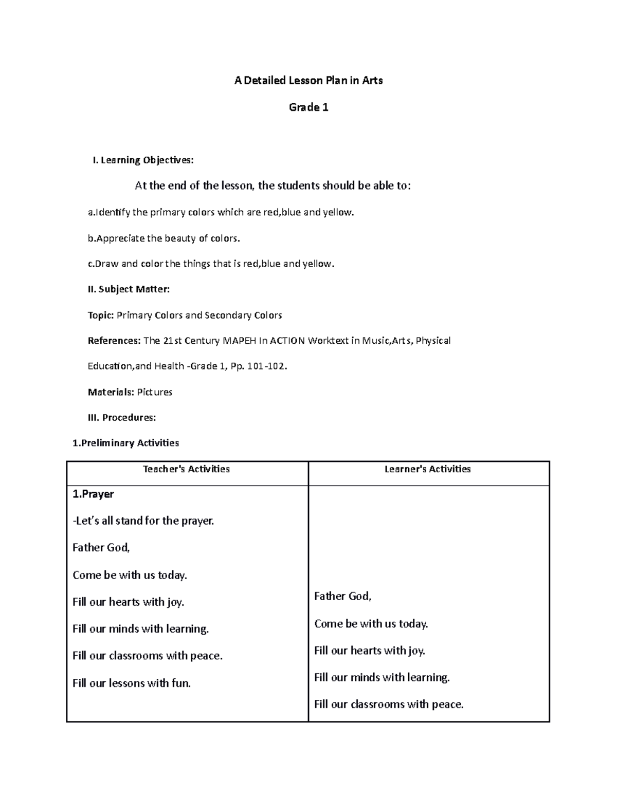 Inbound 2249339888160430296 - A Detailed Lesson Plan in Arts Grade 1 I ...