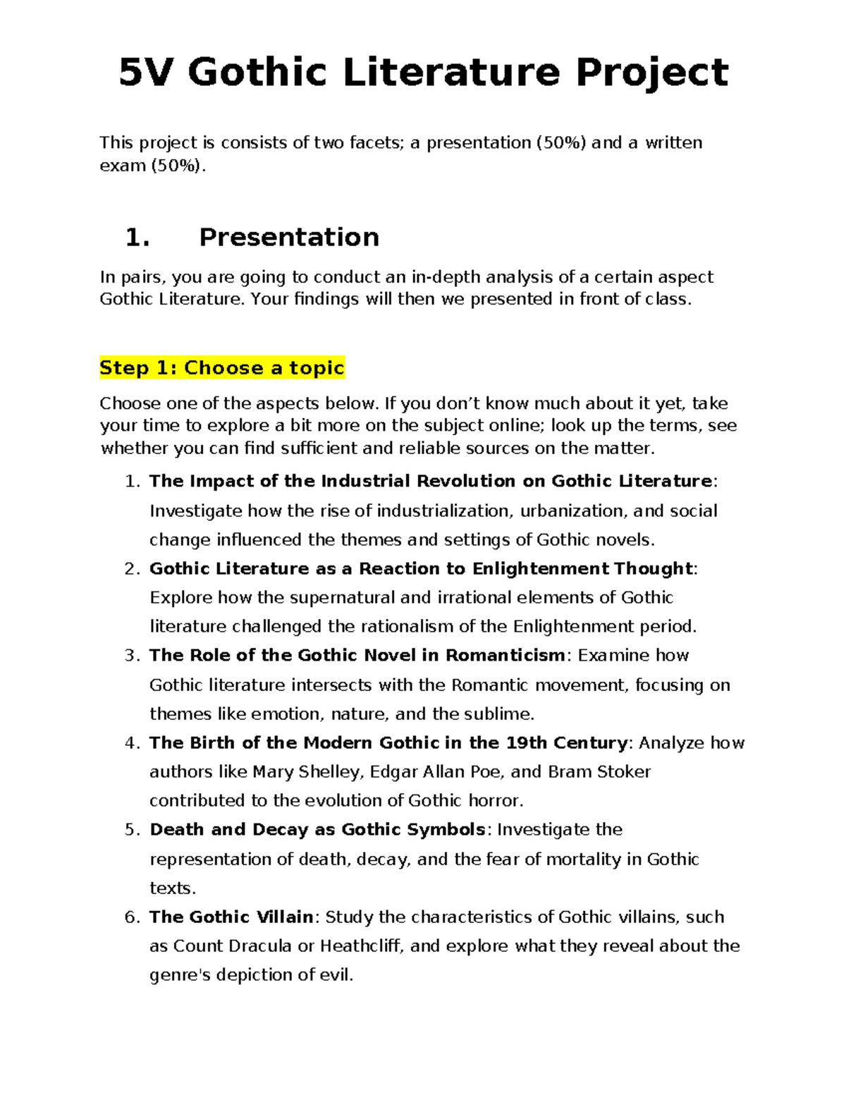 5V Gothic Literature Project: Presentation & Exam Guide - Studeersnel