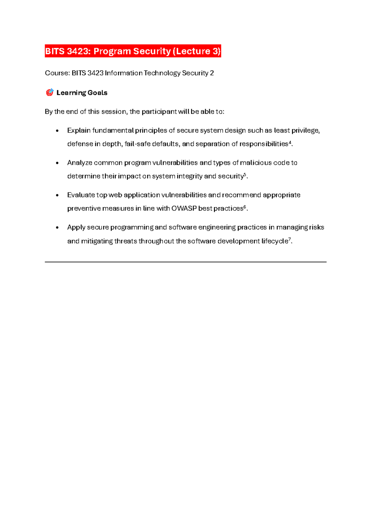 BITS 3423: Program Security Lecture 3 - Key Concepts and ...