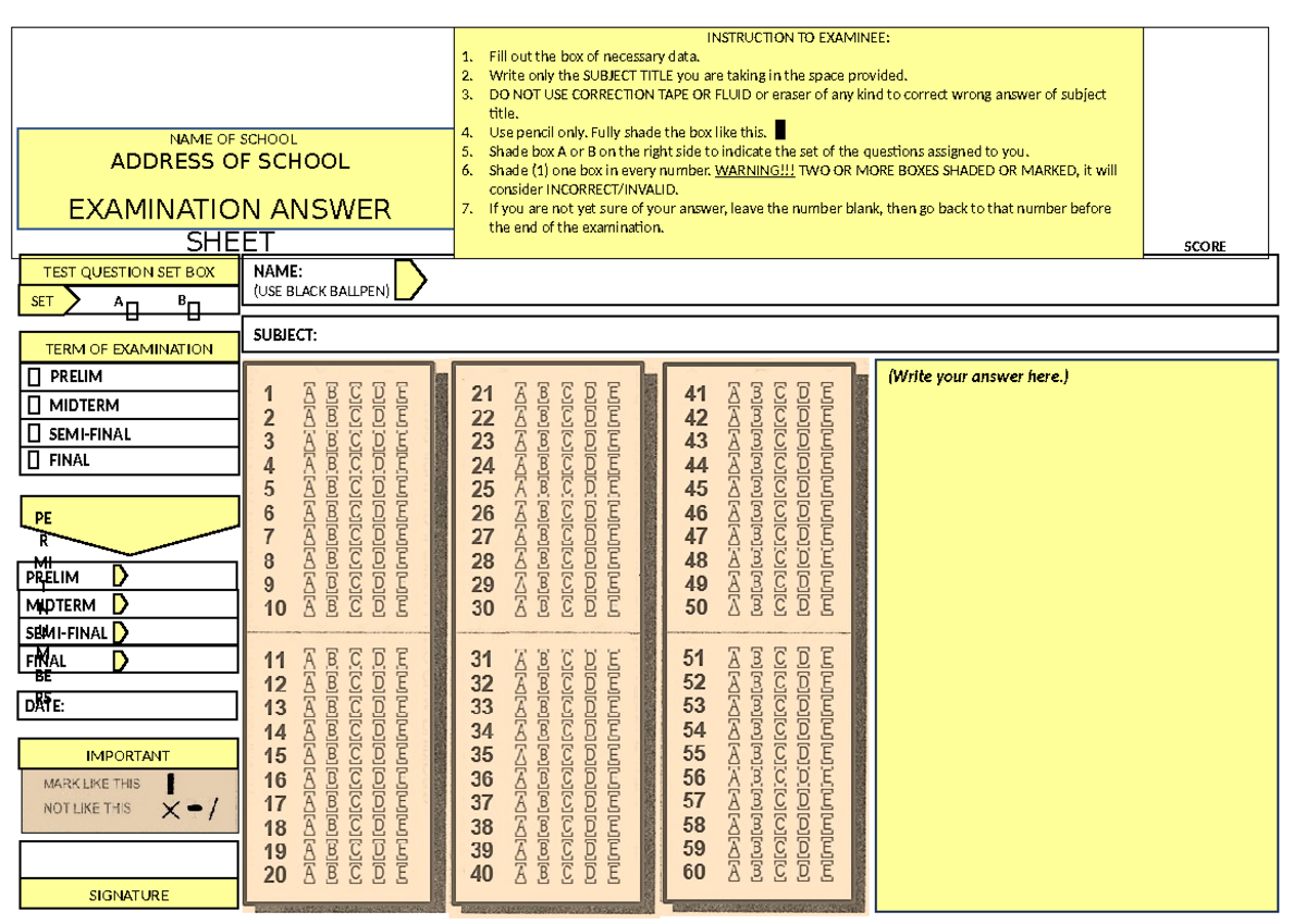 Answer Sheet Template for Prelim, Midterm, Semi-Final, & Final Exams ...