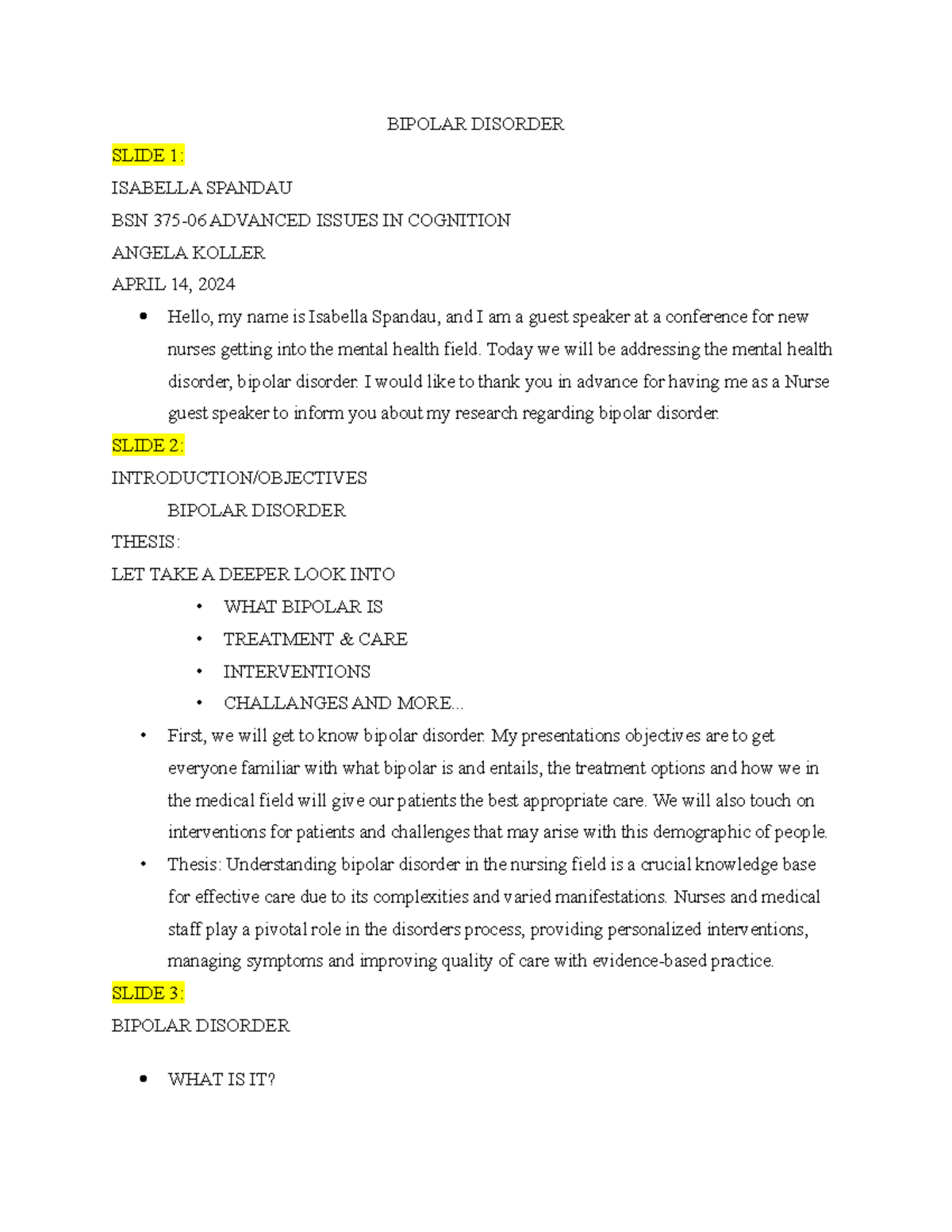 Bipolar Disorder Overview and Nursing Implications - BSN 375 - Studocu