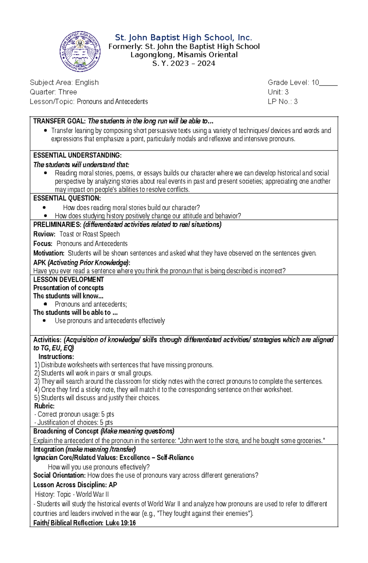 Eng10 LPQ3 Lesson on Pronouns and Antecedents: Concepts & Activities ...