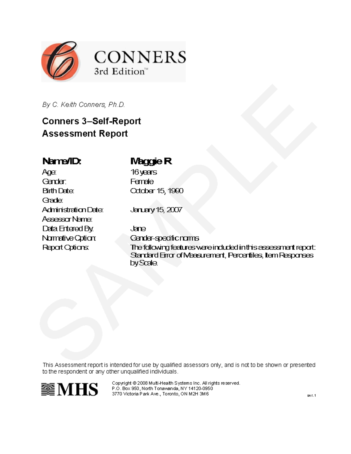 Conners 3-SR Self-Report Assessment Results (453402647) - Studocu