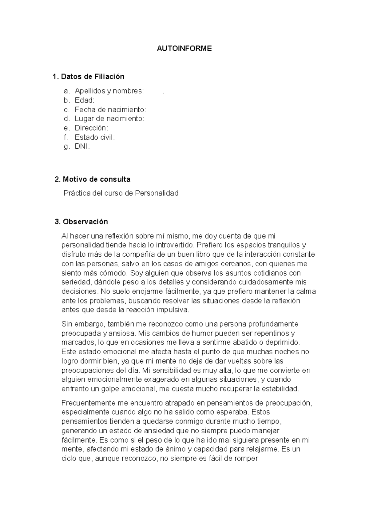 AUTOINFORME: Reflexión Personal en Curso de Personalidad - Studocu