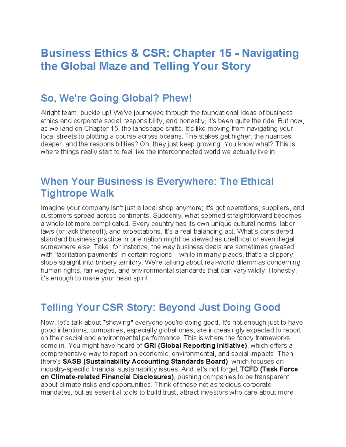 Business Ethics CSR: Chapter 15 - Navigating Global Challenges - Studocu