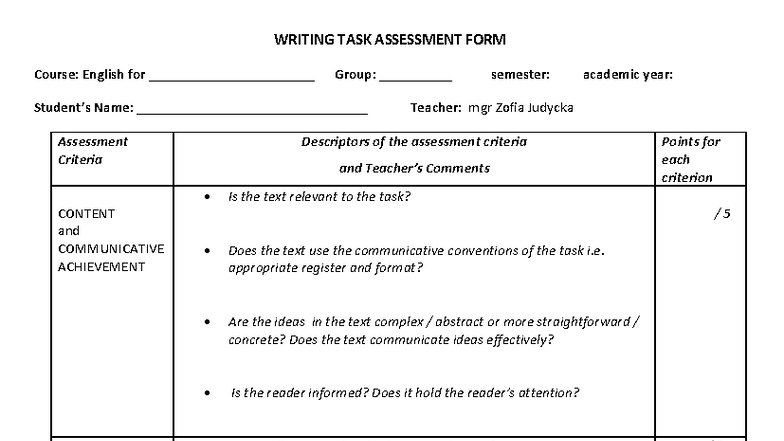 English Writing Task Assessment Form - Criteria Overview - Studocu