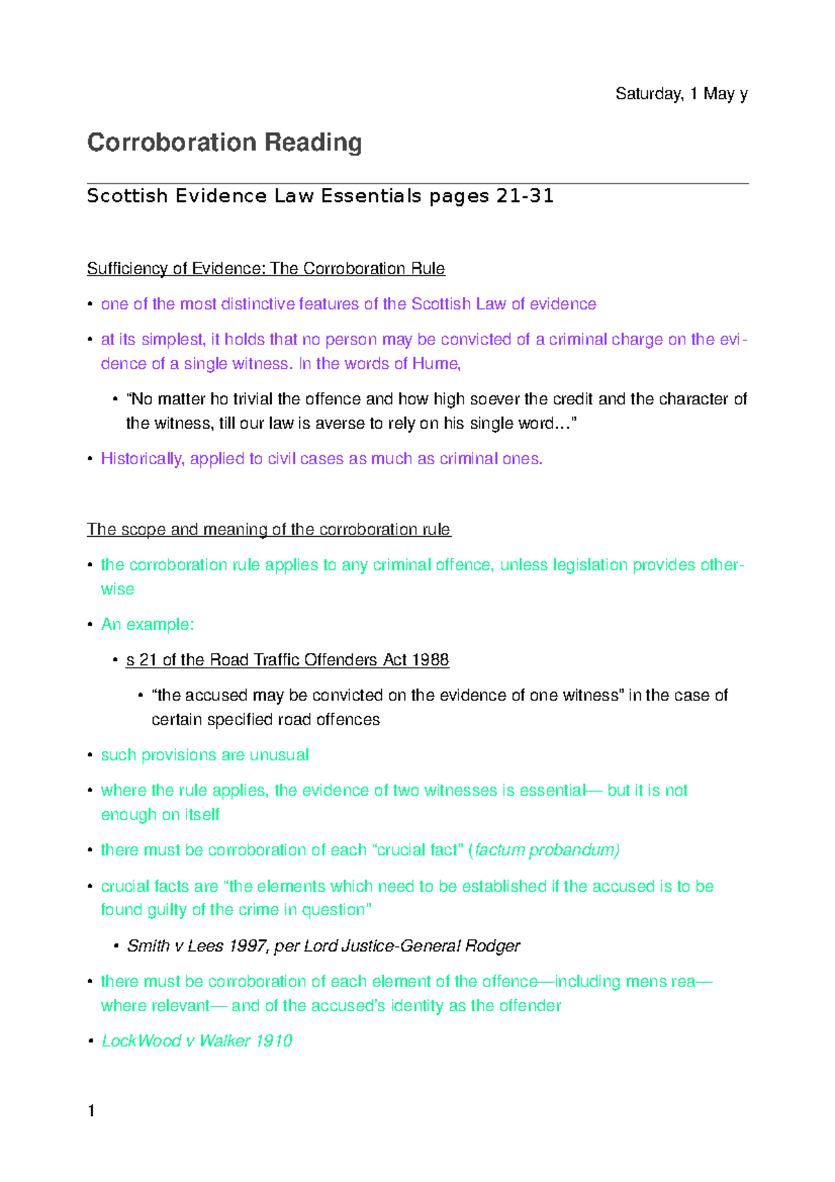 Scottish Law (Evidence) - Corroboration Rule Essentials Notes - Studocu