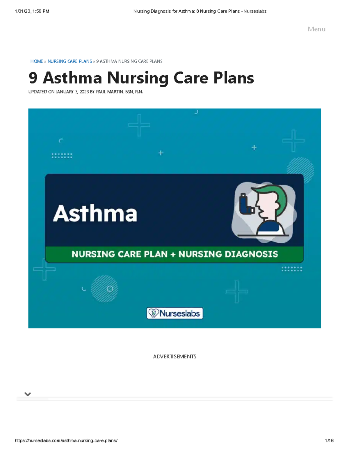 Nursing Diagnosis & Care Plans for Asthma (NURS 101) - 9 Plans Included ...