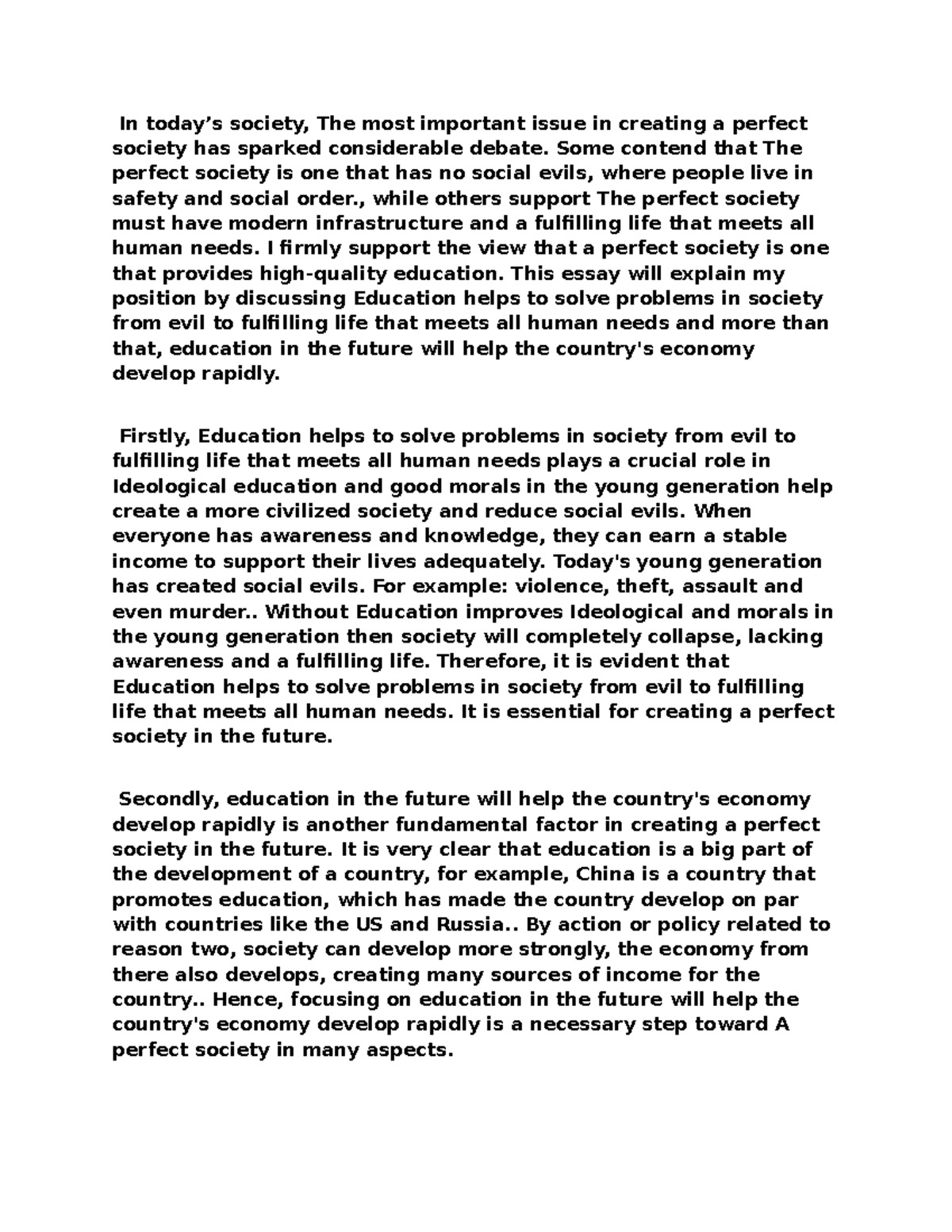 Essay Notes: The Role of Education in Creating a Perfect Society - Studocu