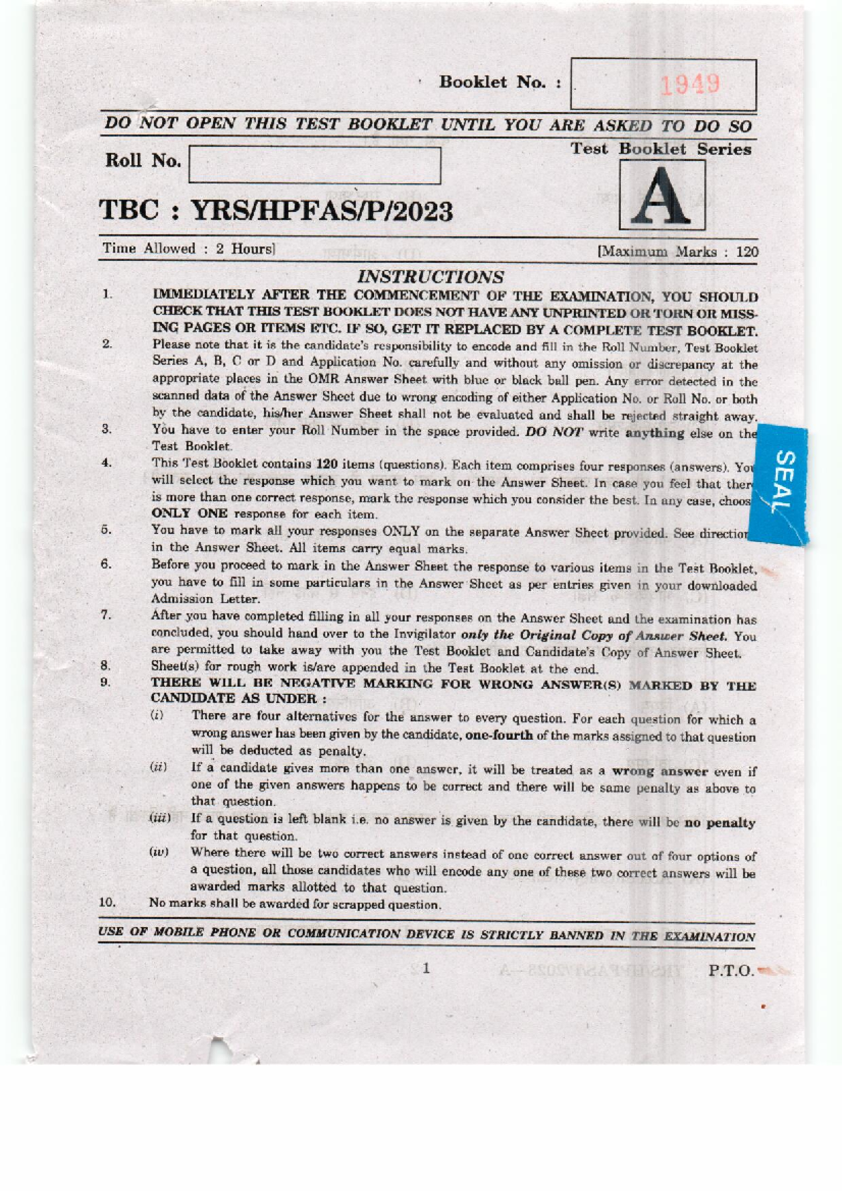 Midterm Exam Papers (Pre 2023) - Test Booklet Series A, Marks: 120 ...
