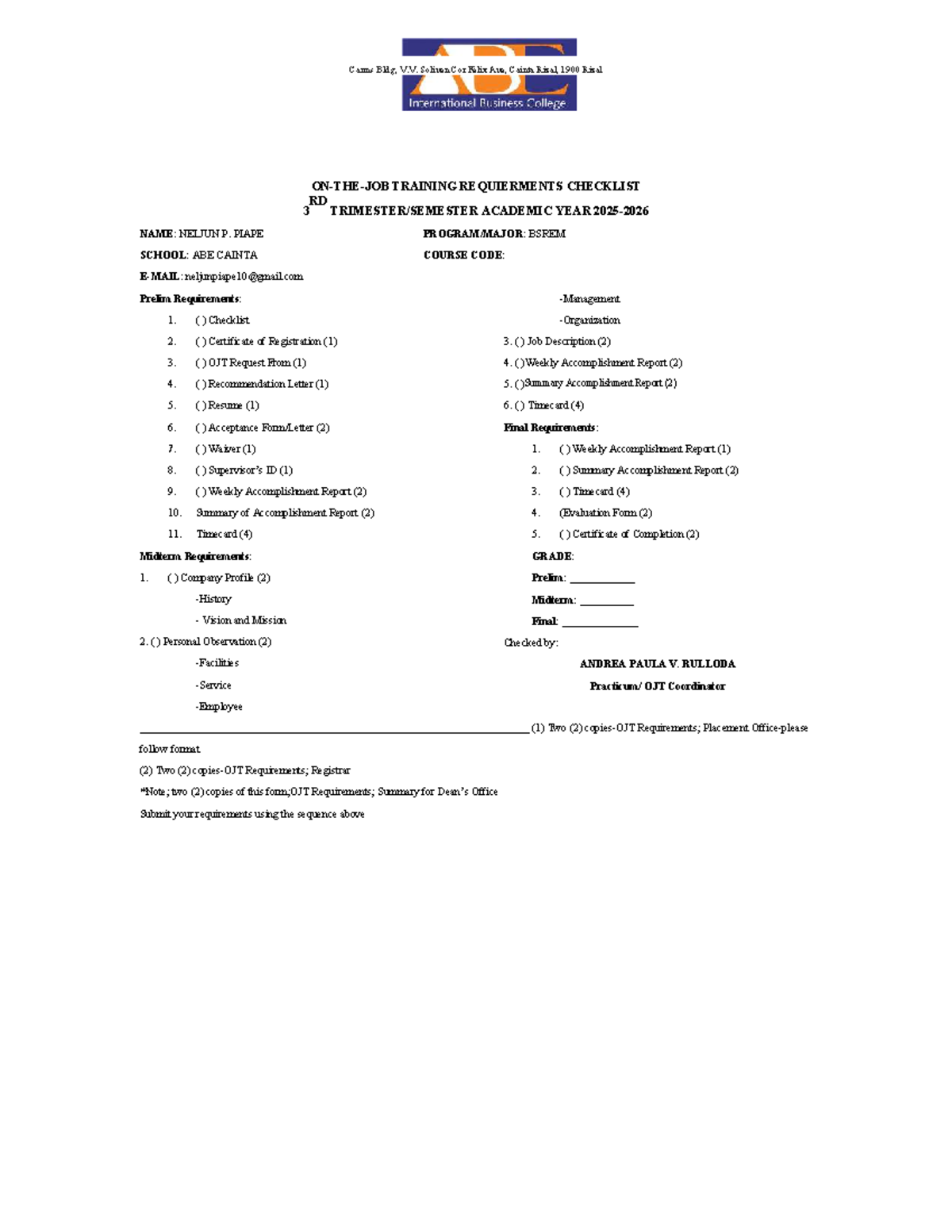 Prelim OJT Requirements Checklist RD 3 - BSREM ABE Cainta - Studocu