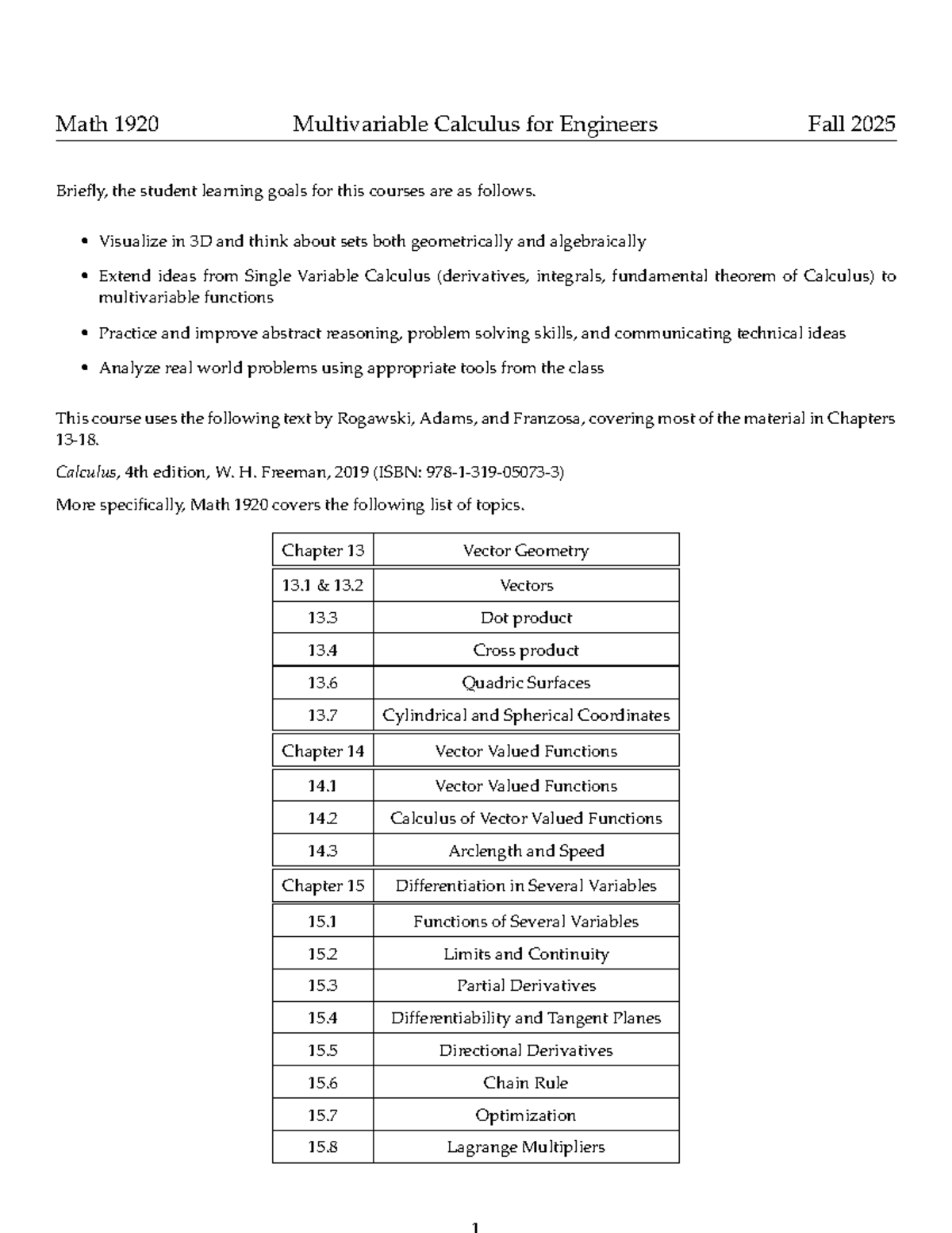Math 1920 Multivariable Calculus Topics Overview Fall 2025 - Studocu