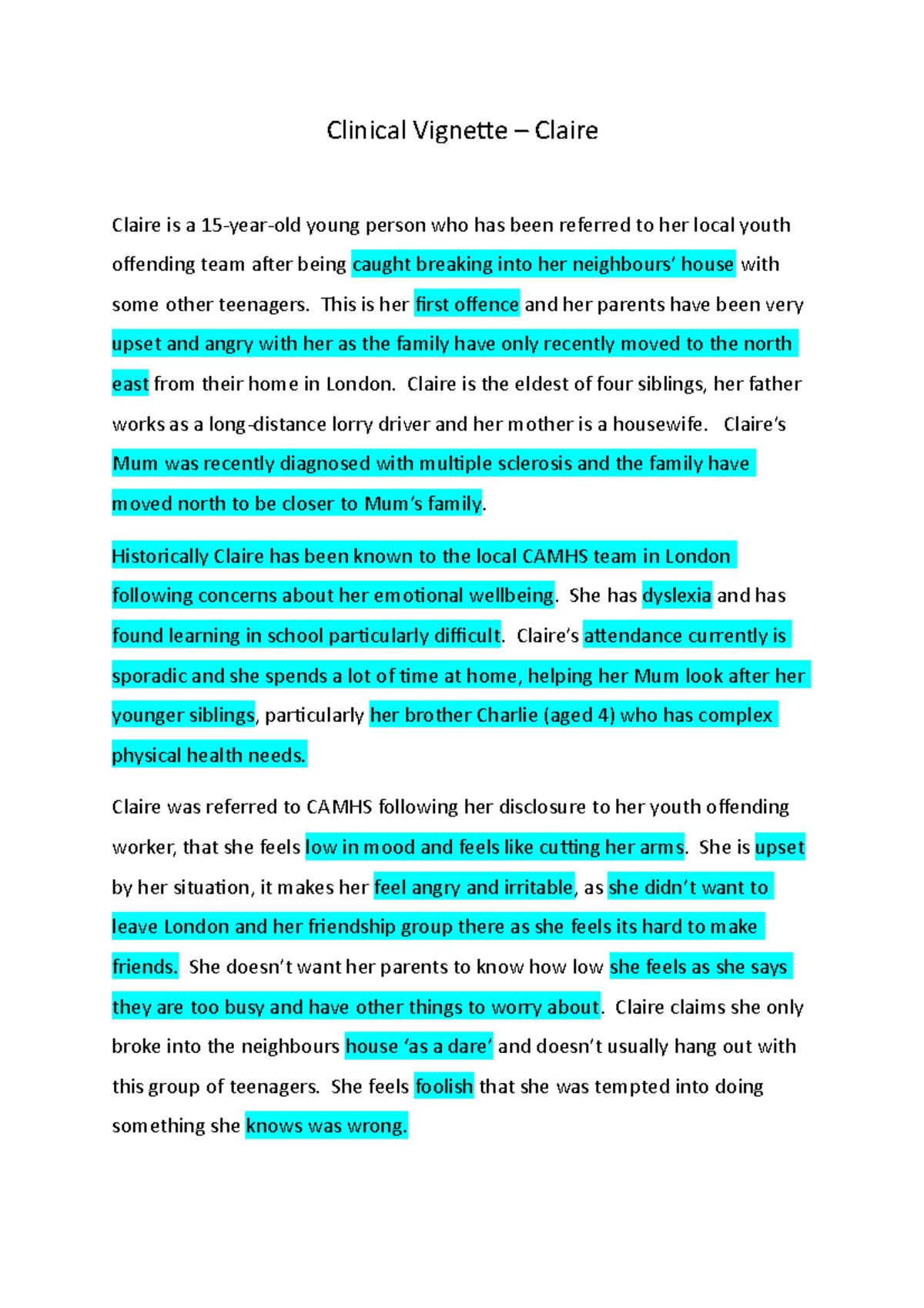 Clinical Vignette Claire - Clinical Vignette – Claire Claire is a 15 ...