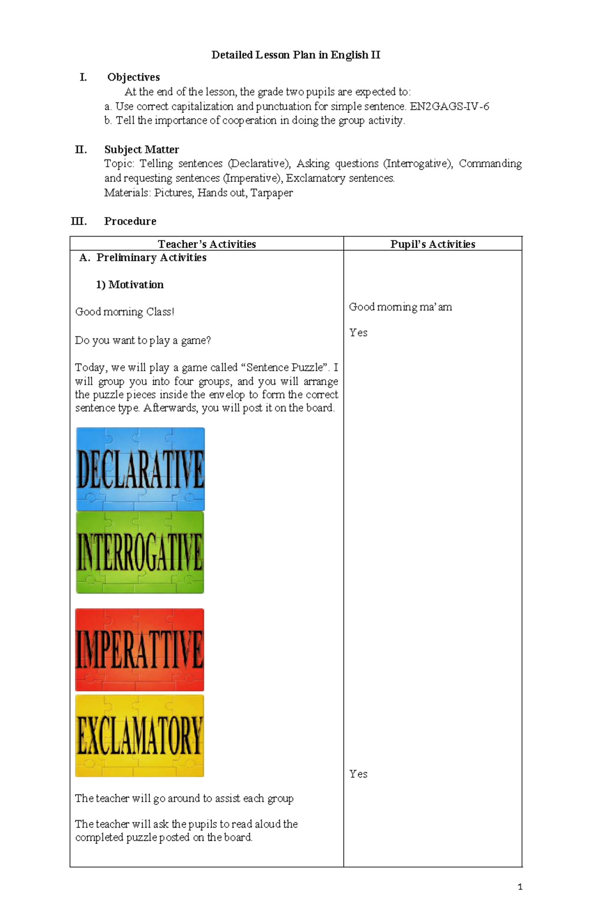 DLPENG2 - Detailed Lesson Plan on Sentence Types for Grade 2 - Studocu
