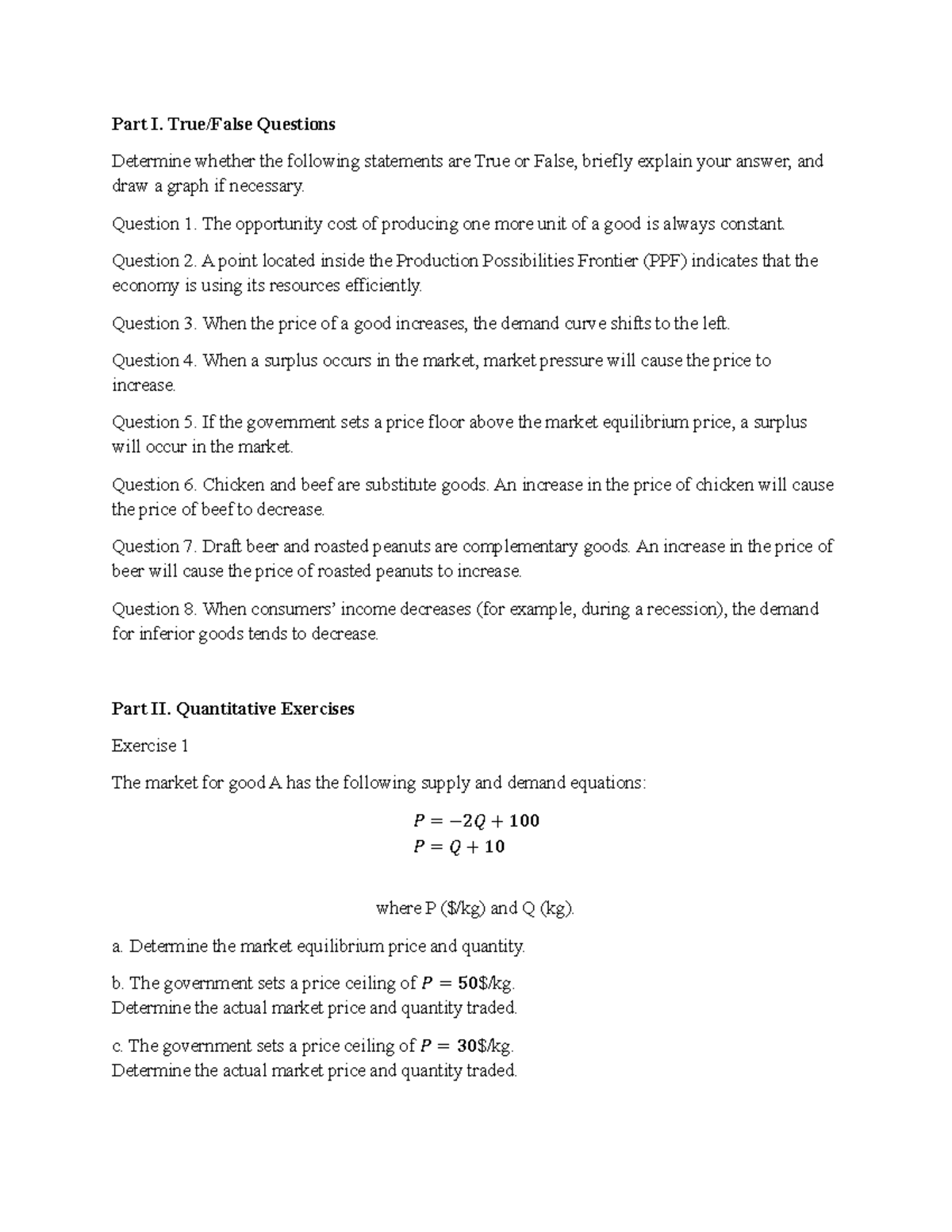 S-D-Questions: True/False & Quantitative Exercises for Econ 101 - Studocu