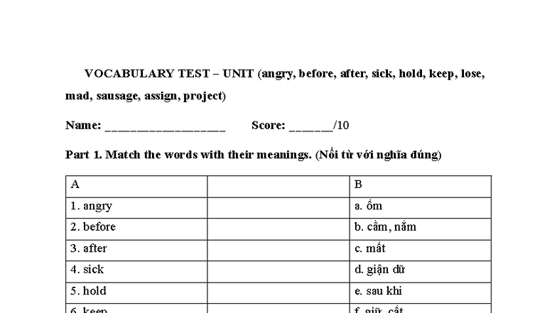 Vocabulary Test Unit: Matching & Fill-in-the-Blank (ENG101) - Studocu