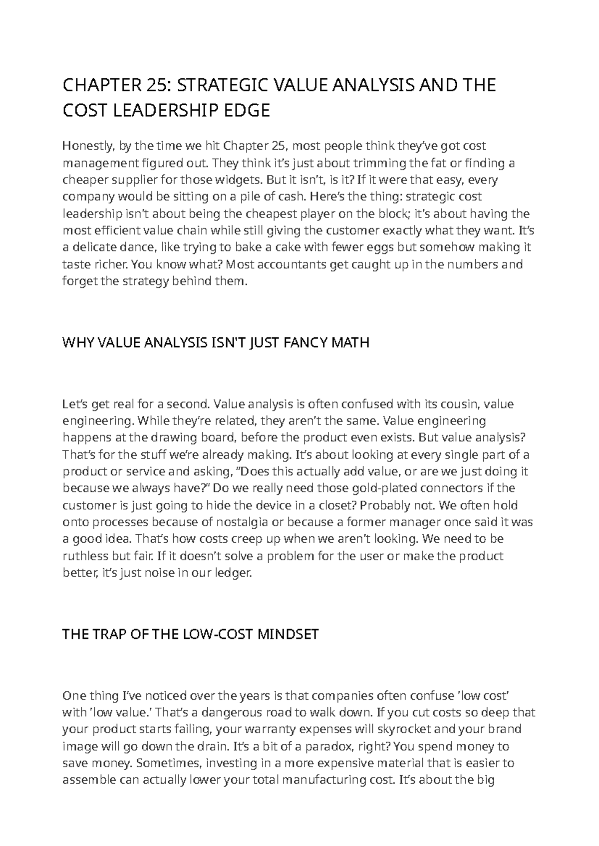 CHAPTER 25: STRATEGIC VALUE ANALYSIS & COST LEADERSHIP EDGE - Studocu