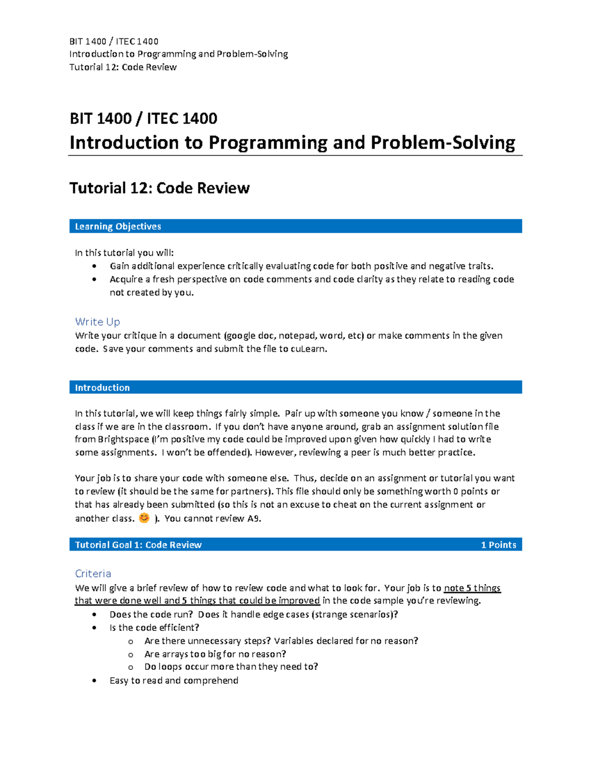 T12 Code Review: Evaluating Code Quality in BIT 1400 ITEC 1400 - Studocu