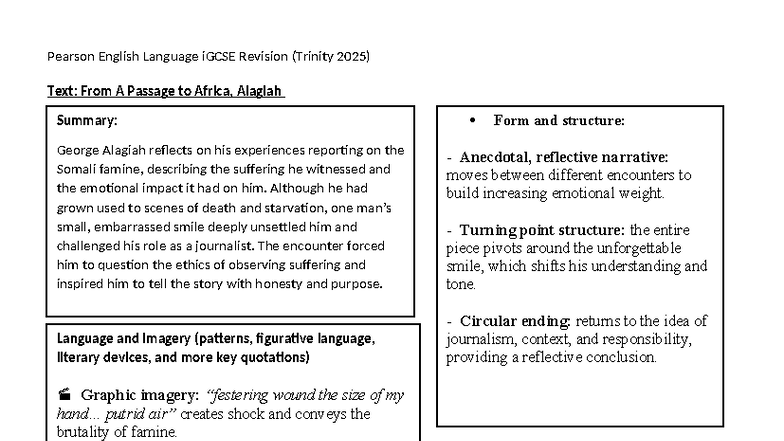iGCSE English Revision: Alagiah's "A Passage to Africa" Analysis - Studocu