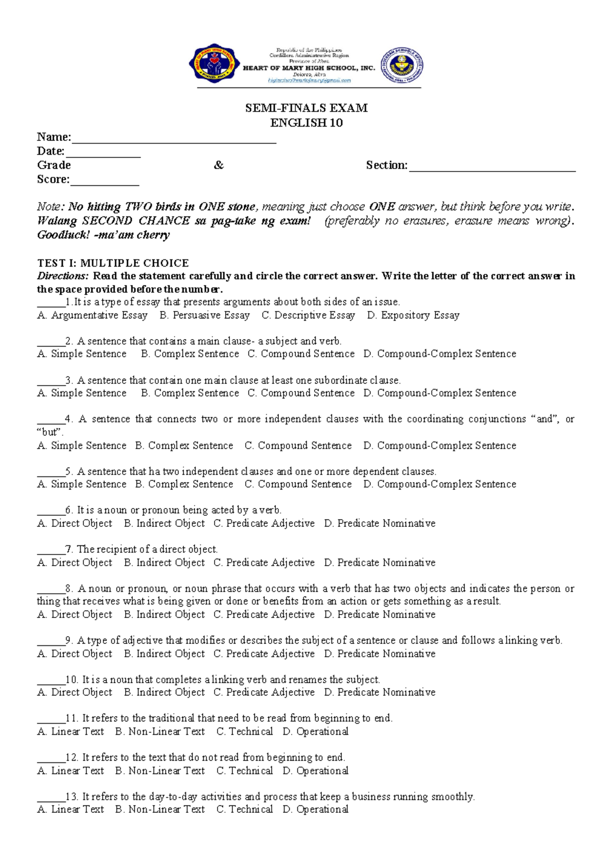 English 10 Semi-Finals Exam Review Guide - Studocu