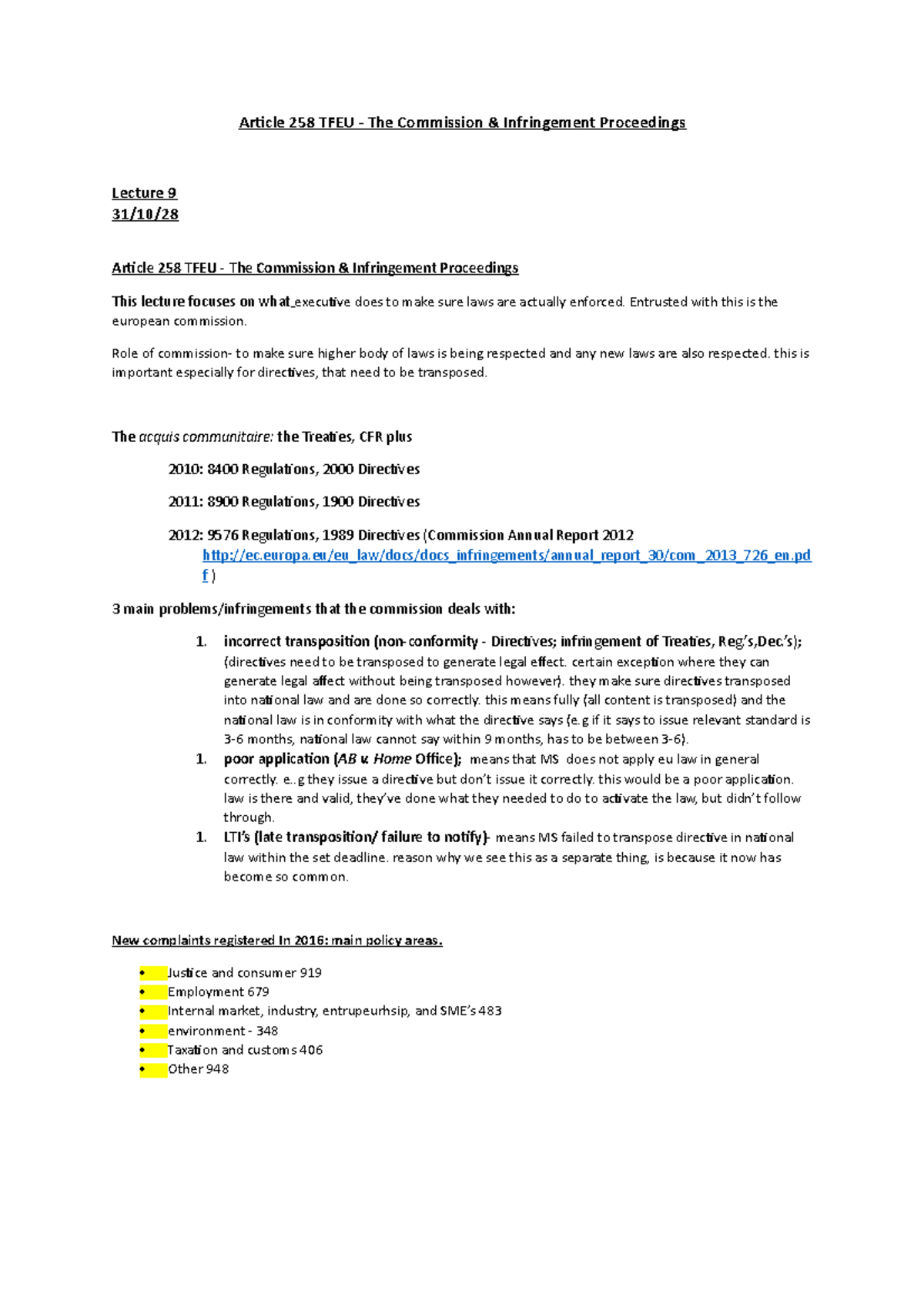 Lecture 9- Article 258 TFEU - The Commission & Infringement Proceedings ...