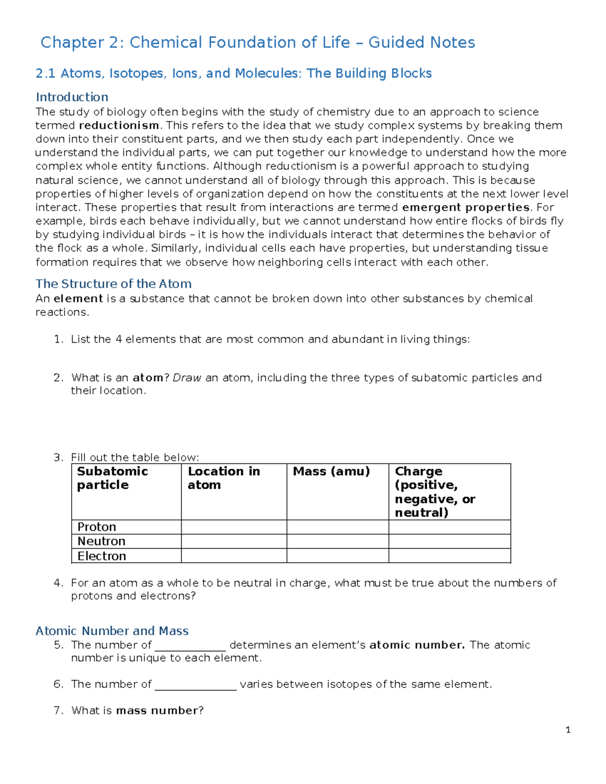 Chapter 2: Chemical Foundations of Life Guided Notes (BIO101) - Studocu