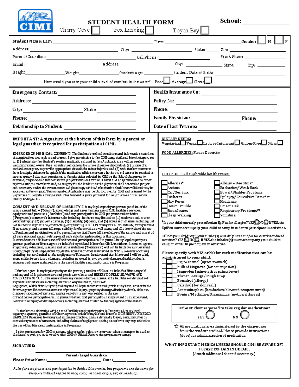 CIMI Student Health Form 2023: Dietary and Emergency Information - Studocu