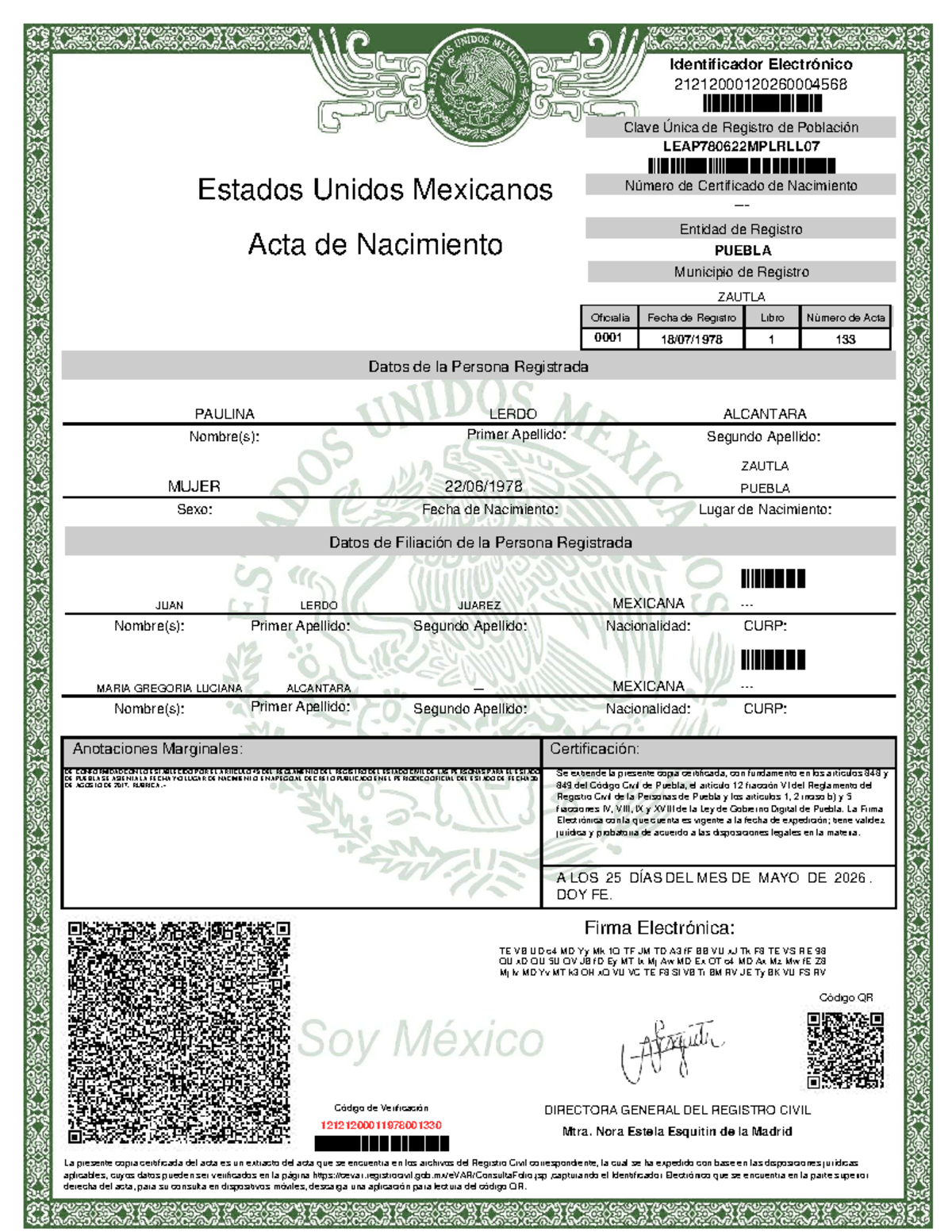 Acta de Nacimiento de Paulina Lerdo - Tarea LEAP780622MPLRLL07 - Studocu