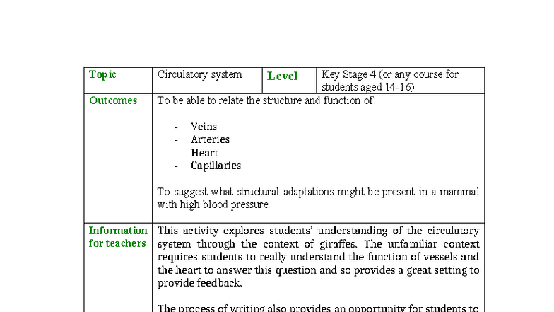 Key Stage 4: Understanding the Circulatory System of Giraffes - Studocu