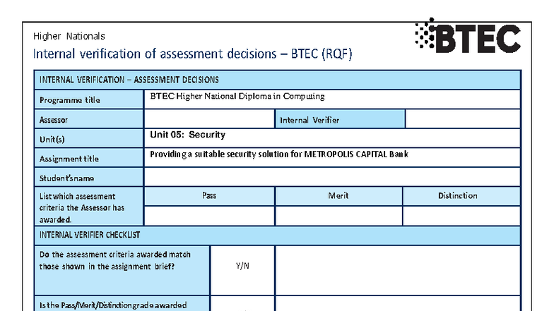 BTEC HND Computing Unit 05: Security Internal Verification Report - Studocu