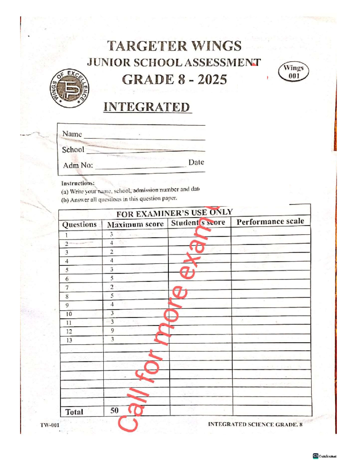 Integrated Science Grade 8 Assessment 2025 - TW001 - Studocu