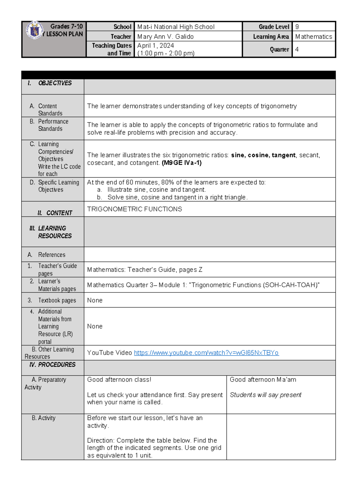 Trigonometric Ratios and Functions Lesson Plan (Grade 9) - Studocu