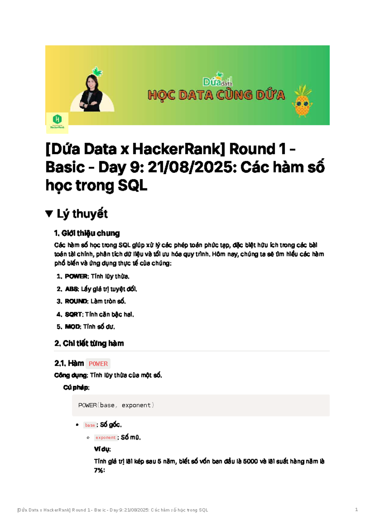 Data x Round 1 Basic Day 9: Các hàm số học trong SQL - Studocu