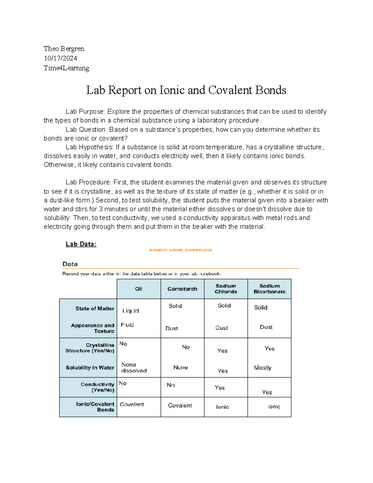 Lab Report: Identifying Ionic & Covalent Bonds – CHEM 101 - Studocu