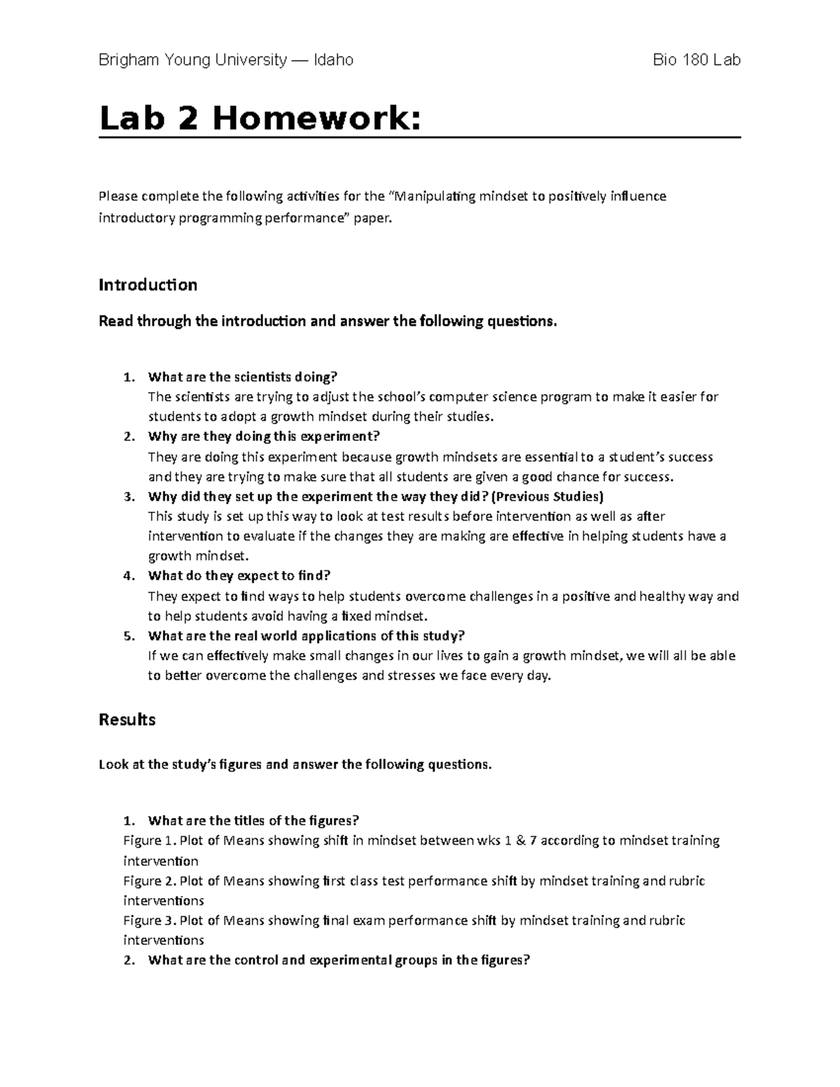 Bio 180 Lab Homework 2: Mindset Influences on Programming Success - Studocu