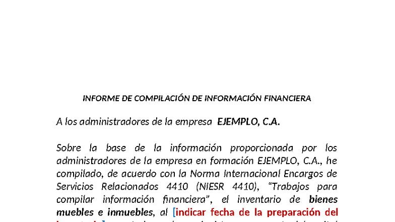 Modelo Colegio DE Contadores - INFORME DE COMPILACIÓN DE INFORMACIÓN ...