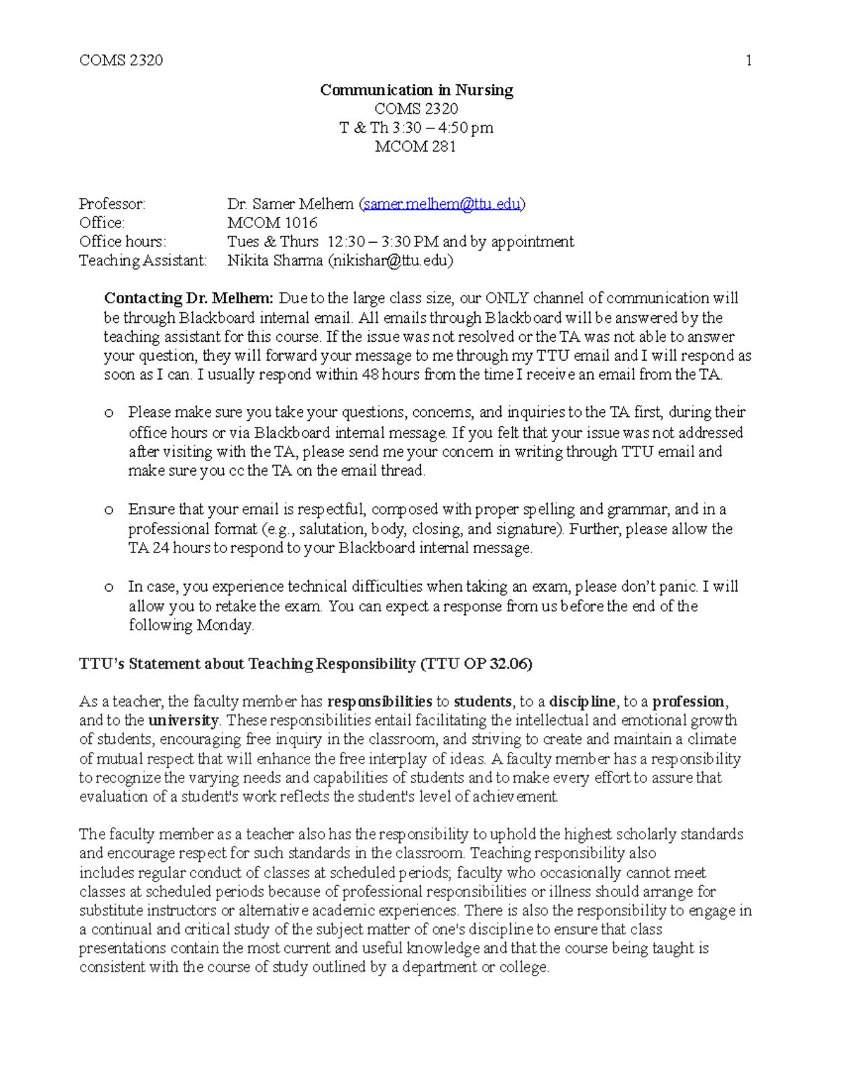 Syllabus for COMS 2320: Communication in Nursing, Spring 2023 - Studocu