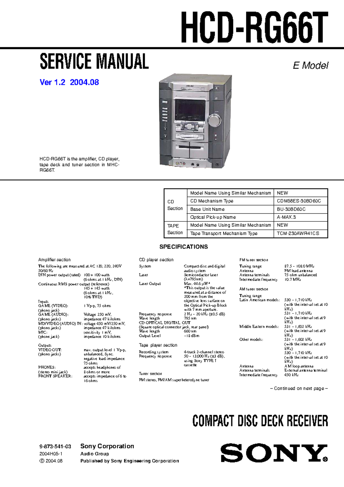 Sony HCD-RG66T Service Manual Ver 1.2 - Audio System Components - Studocu