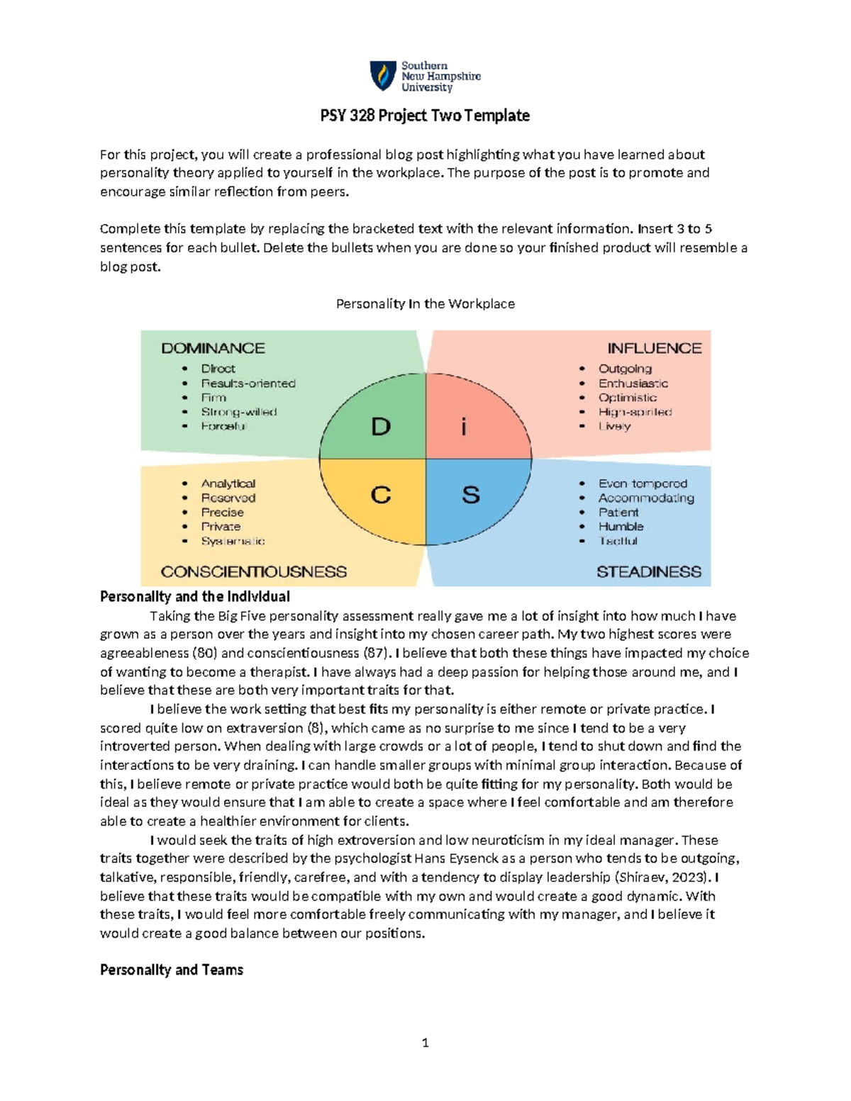PSY 328 Project Two: Personality Theory in the Workplace Blog Post ...