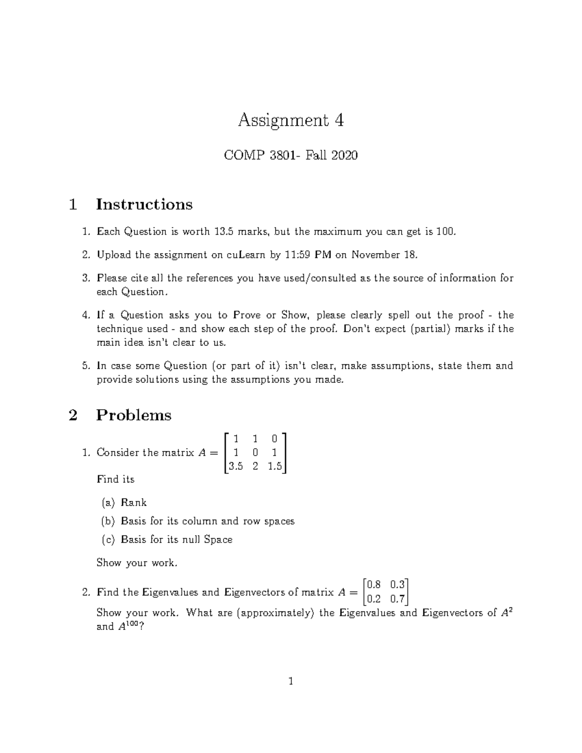 A4-20 - a4 sols.pdf - Assignment 4 COMP 3801- Fall 2020 1 Instructions ...