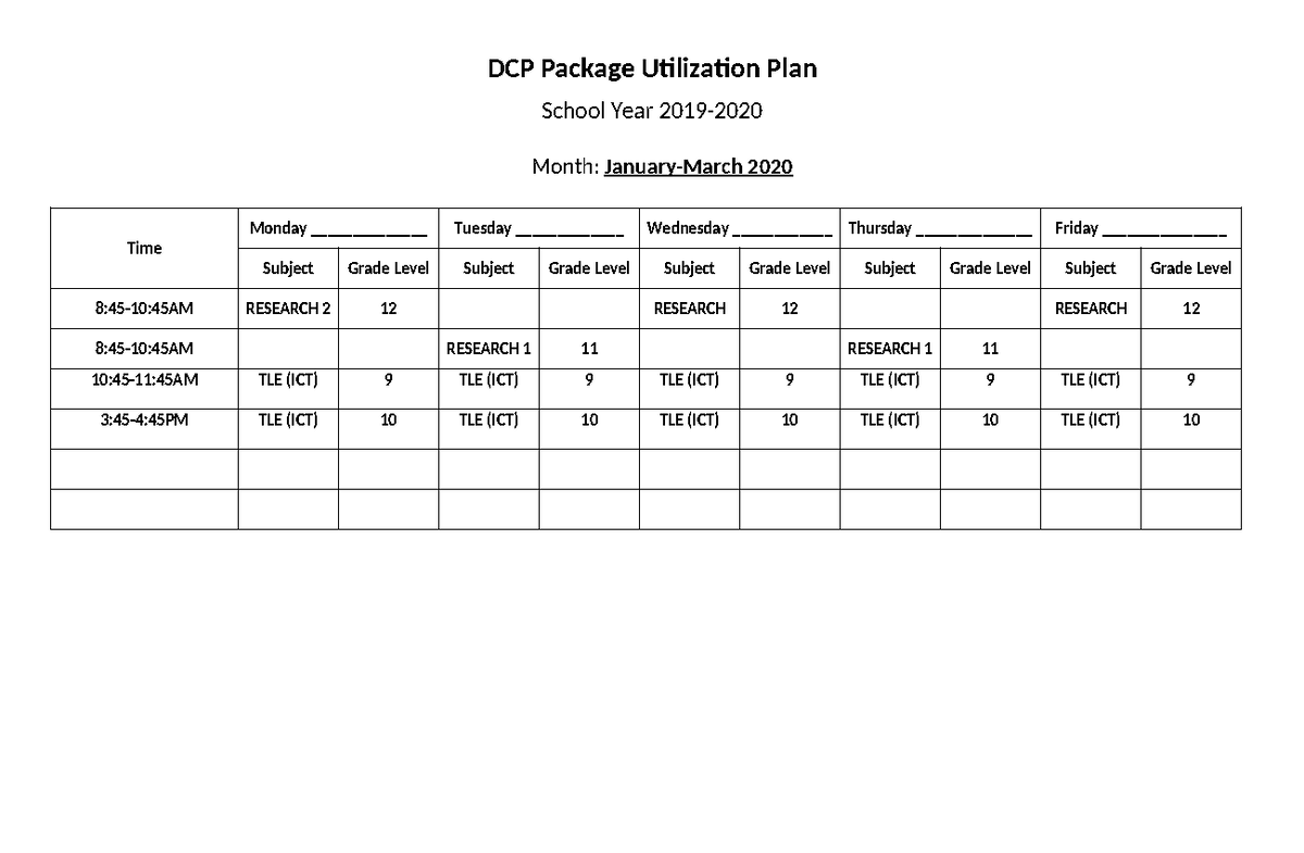 Action PLAN - DCP Package Utilization Plan School Year 2019- Month ...