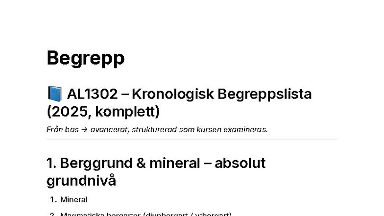Begreppslista AL1302 - Komplett Kronologisk Översikt 2025 - Studocu