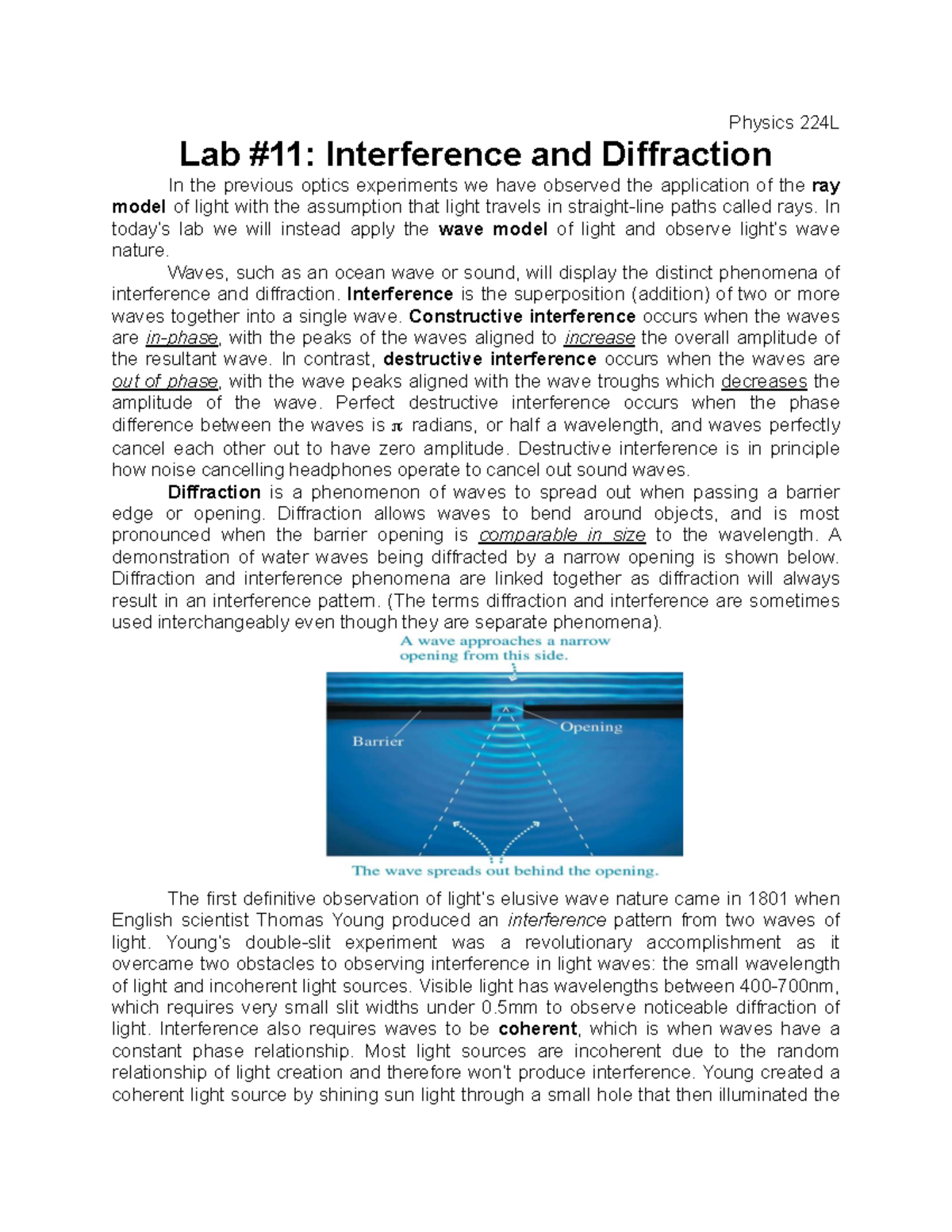 Physics 224L: Lab on Interference and Diffraction Phenomena - Studocu