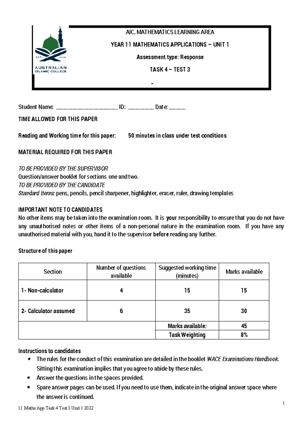 Test 3: Year 11 Mathematics Applications Unit 1 Assessment - Studocu