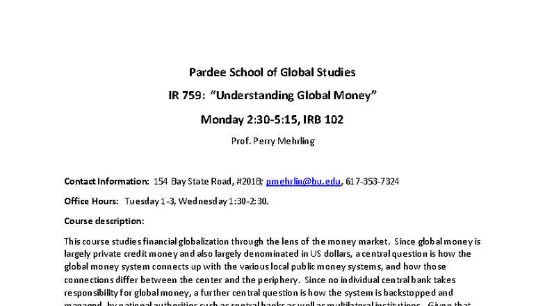 IR 759: Comprendiendo el Dinero Global - Prof. Perry Mehrling - Studocu