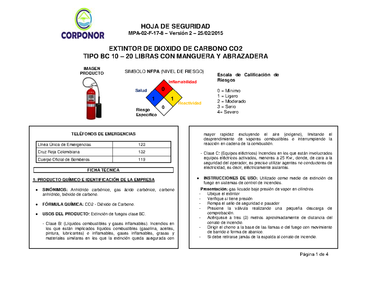 Ficha Técnica Extintor CO2 Tipo BC - Seguridad y Uso - Studocu