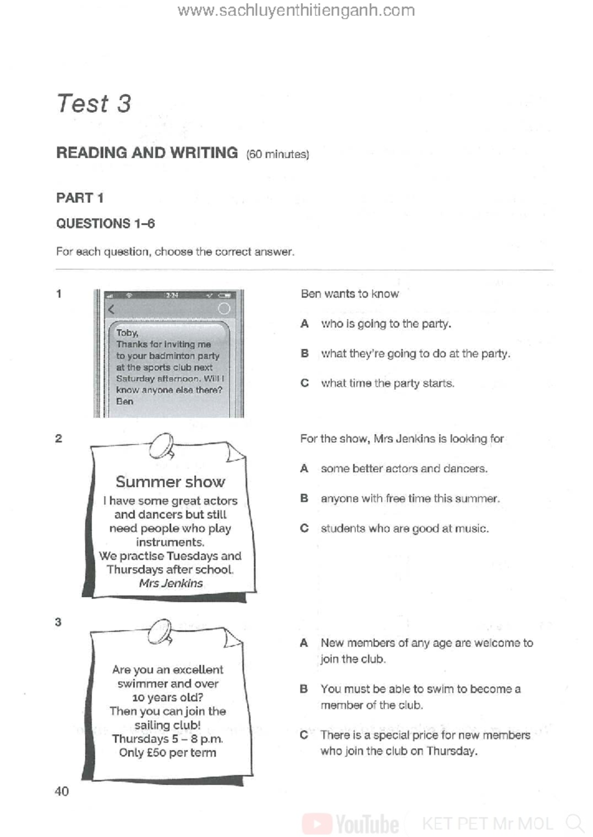 Cambridge A2 Key for Schools Test 3: Reading & Writing Practice - Studocu
