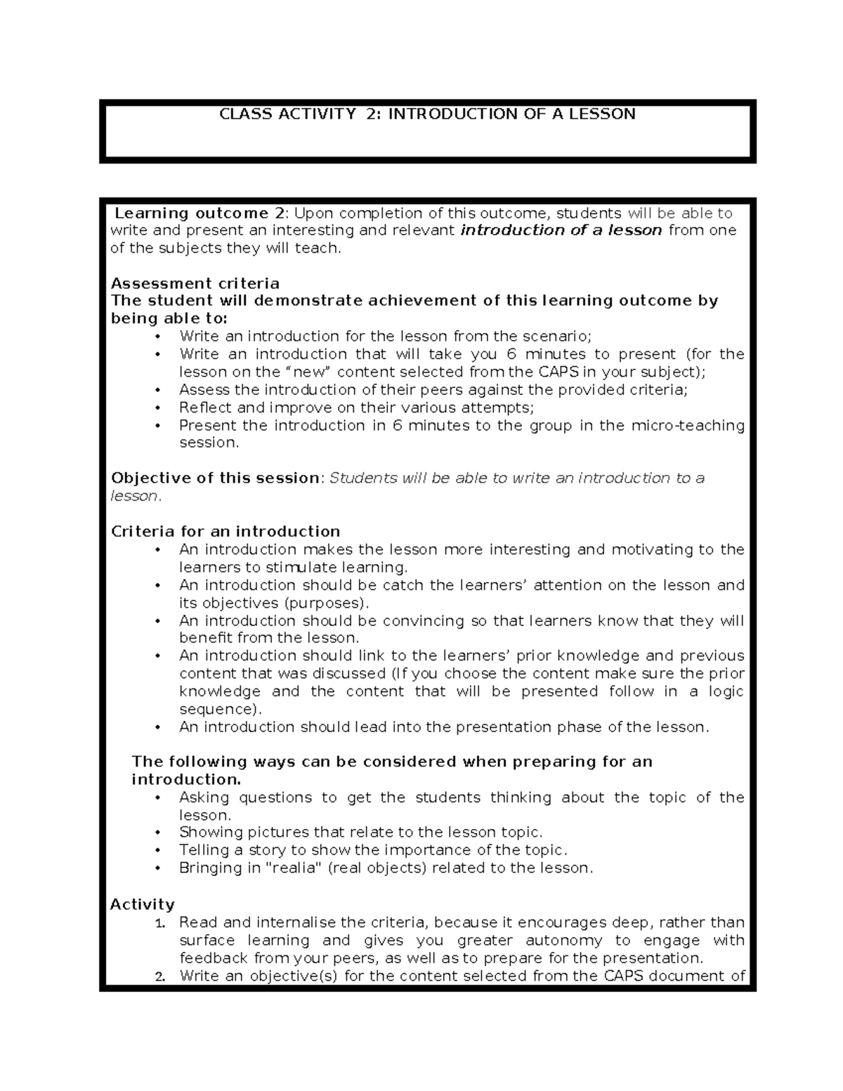 CLASS ACTIVITY 2: INTRODUCTION OF A LESSON (Learning Outcome 2) - Studocu